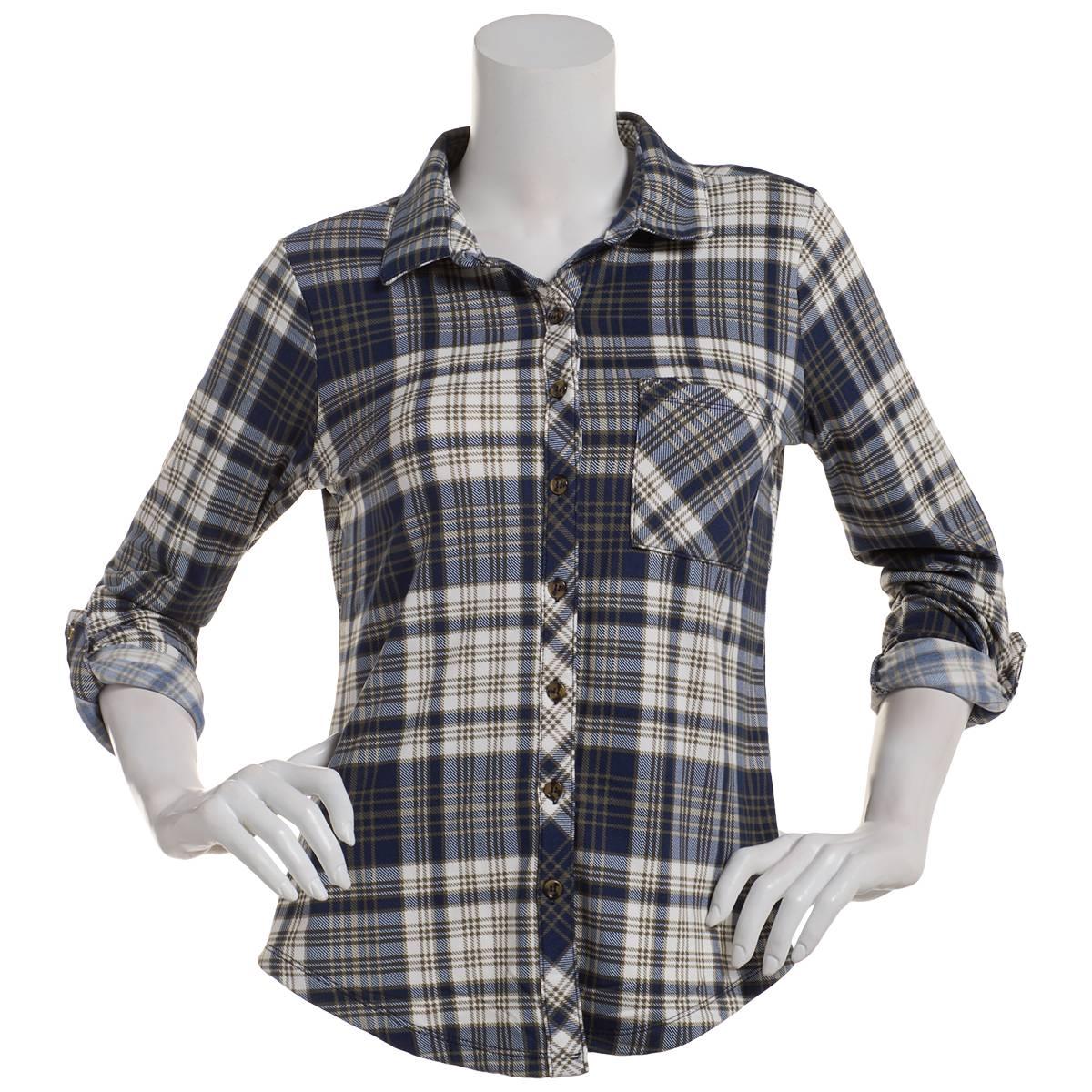 Click here for Juniors No Comment Plaid Fleece Roll Tab Button Fr... prices