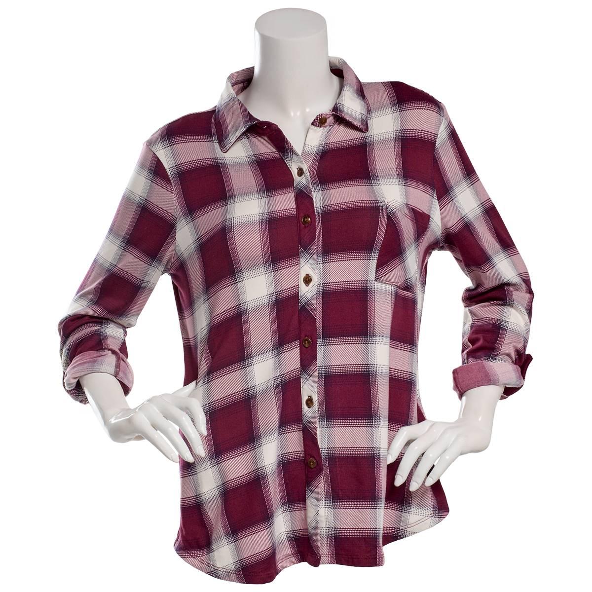 Click here for Juniors No Comment Plaid Fleece Roll Tab Sleeve Fl... prices