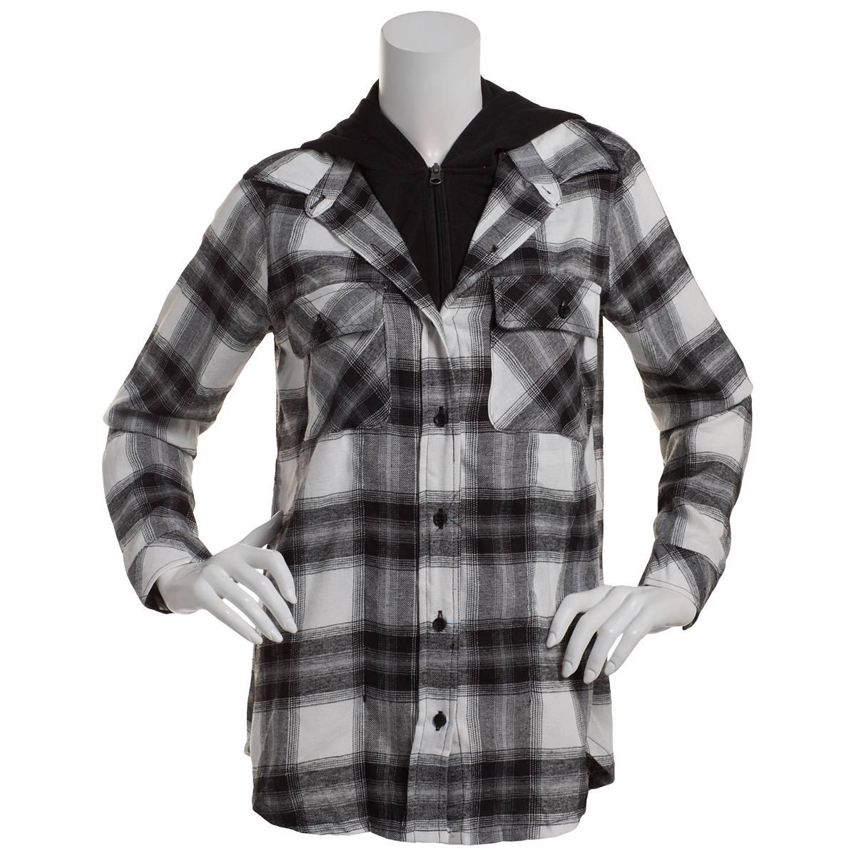Click here for Juniors No Comment Flannel Plaid Shacket with Hood prices