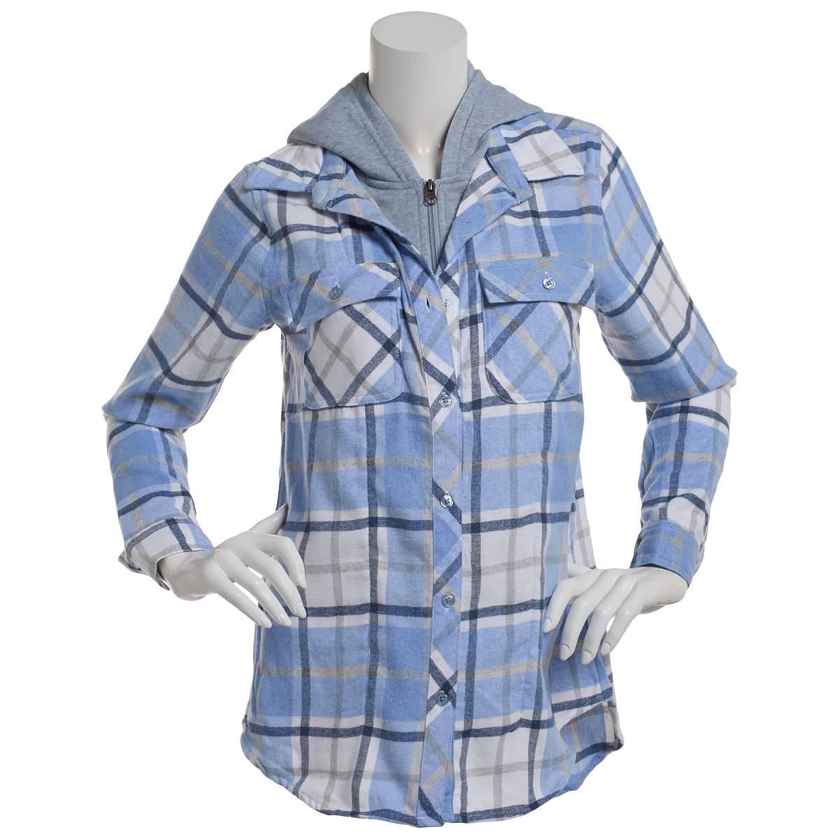 Click here for Juniors No Comment Flannel Plaid Hooded Shacket prices