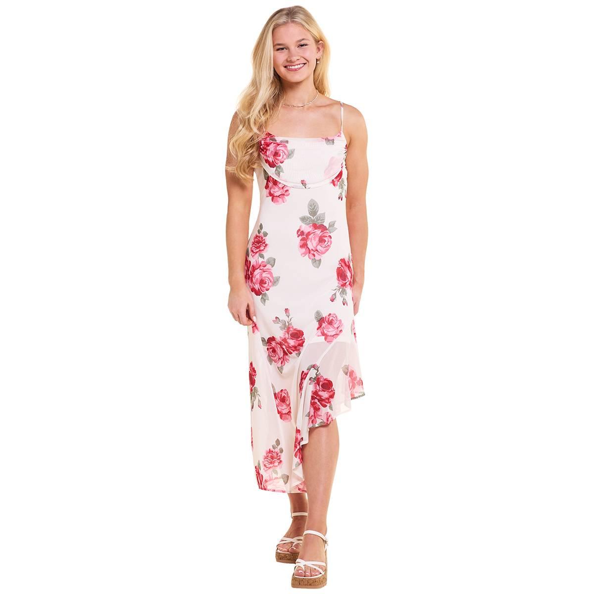 Click here for Juniors No Comment Rose Asymmetrical Hem Midi Dres... prices