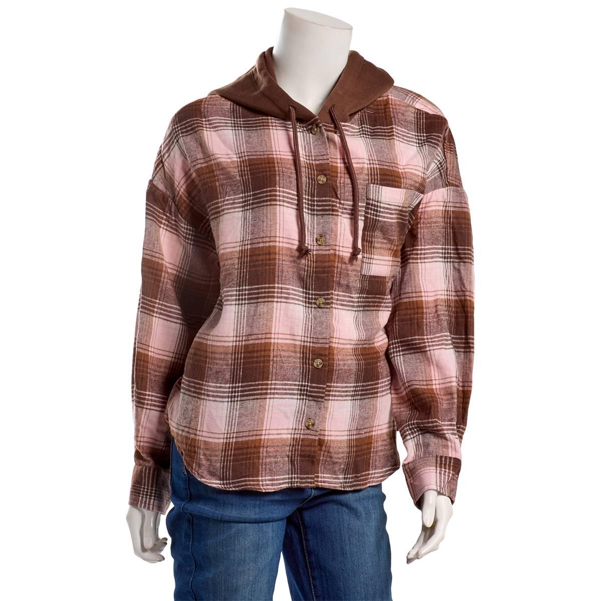 Click here for Juniors No Comment Hooded Oversized Plaid Flannel... prices
