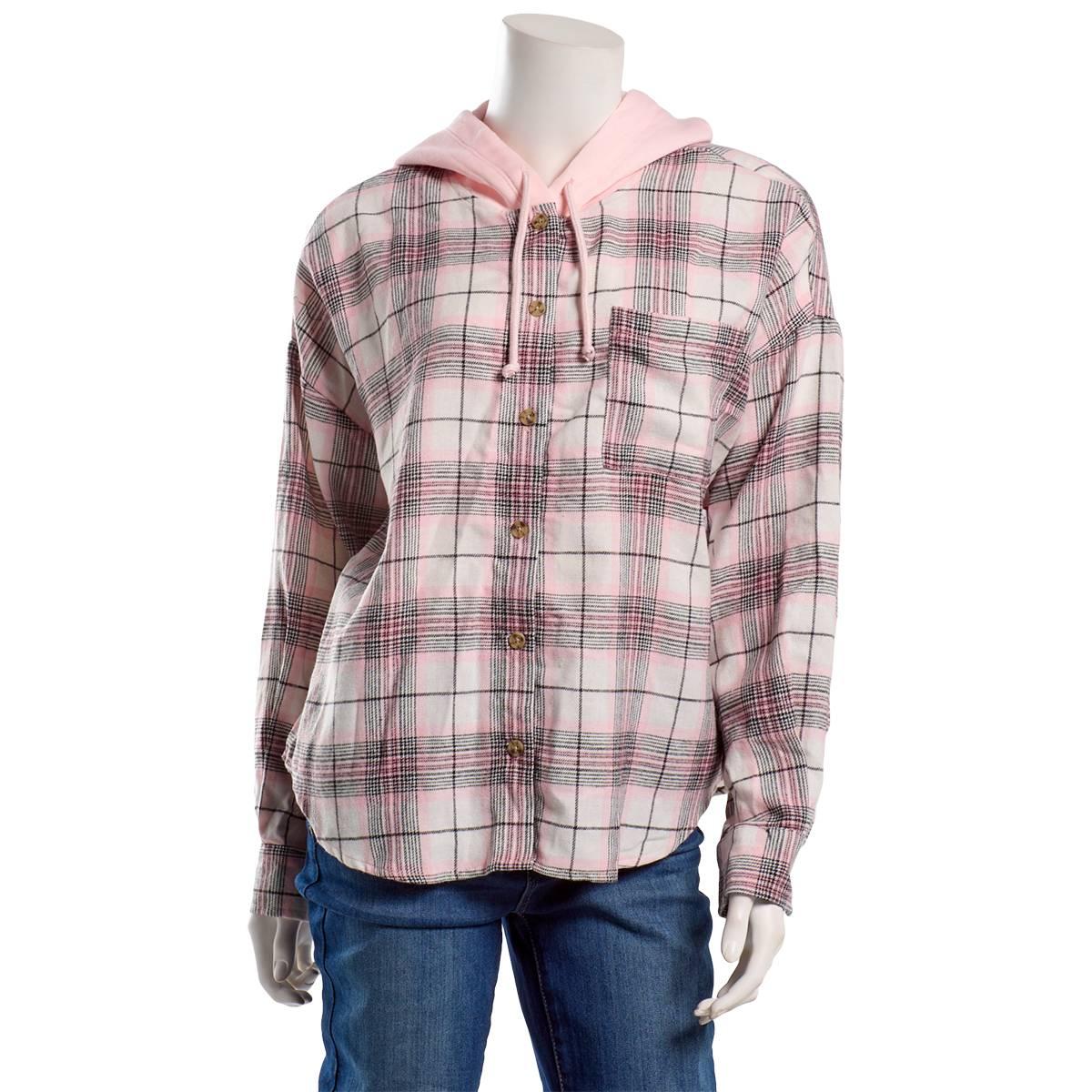 Click here for Juniors No Comment Hooded Oversized Plaid Flannel... prices