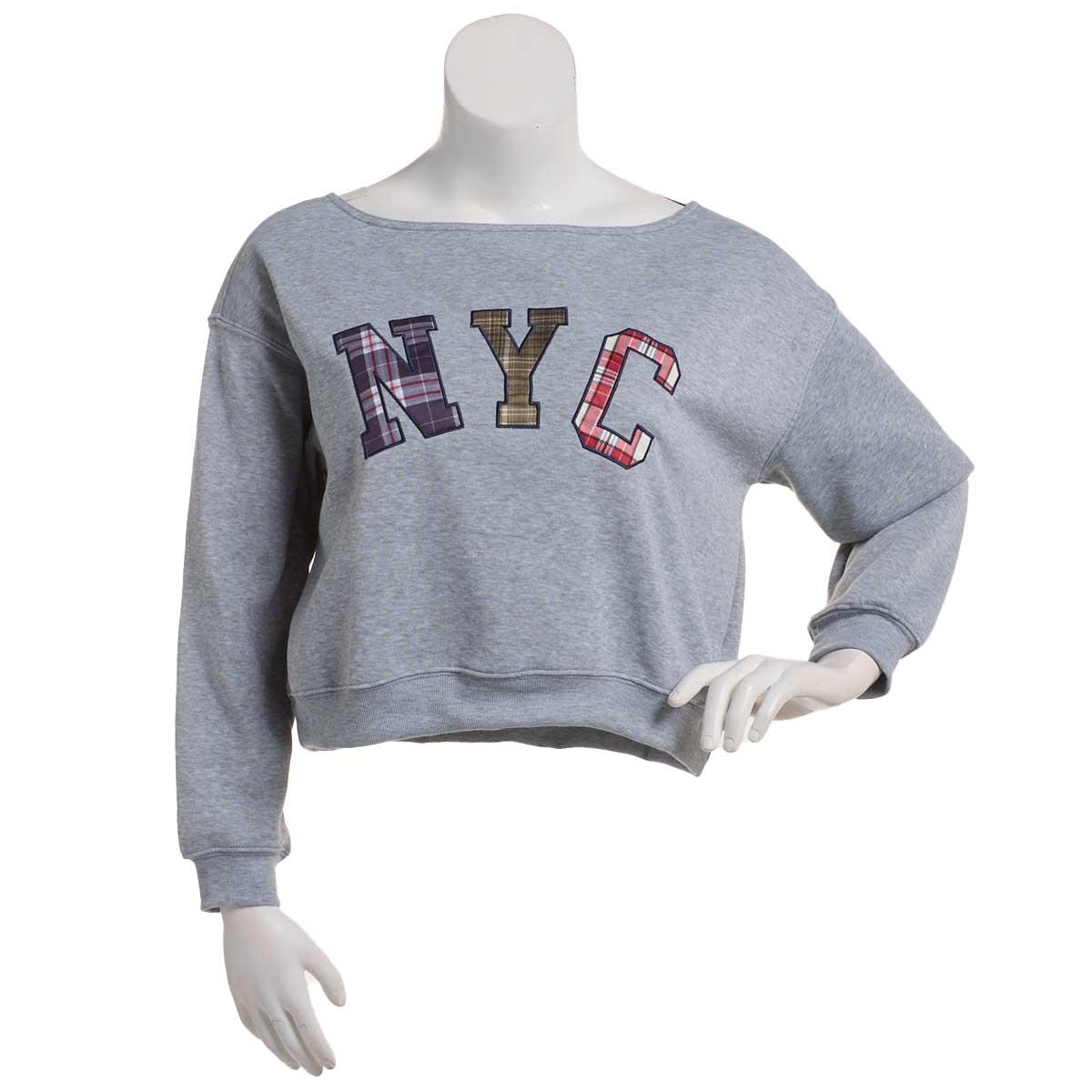 Click here for Juniors No Comment Off Shoulder Pullover with NYC... prices