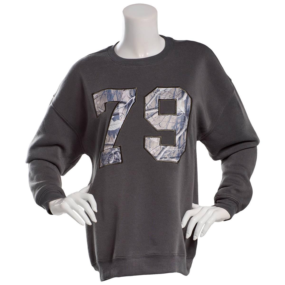 Click here for Juniors No Comment Camo Applique Oversized Crew Ne... prices