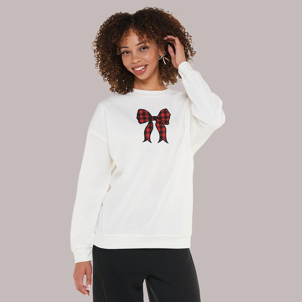 Click here for Juniors No Comment Fleece Boyfriend Plaid Bow Swea... prices