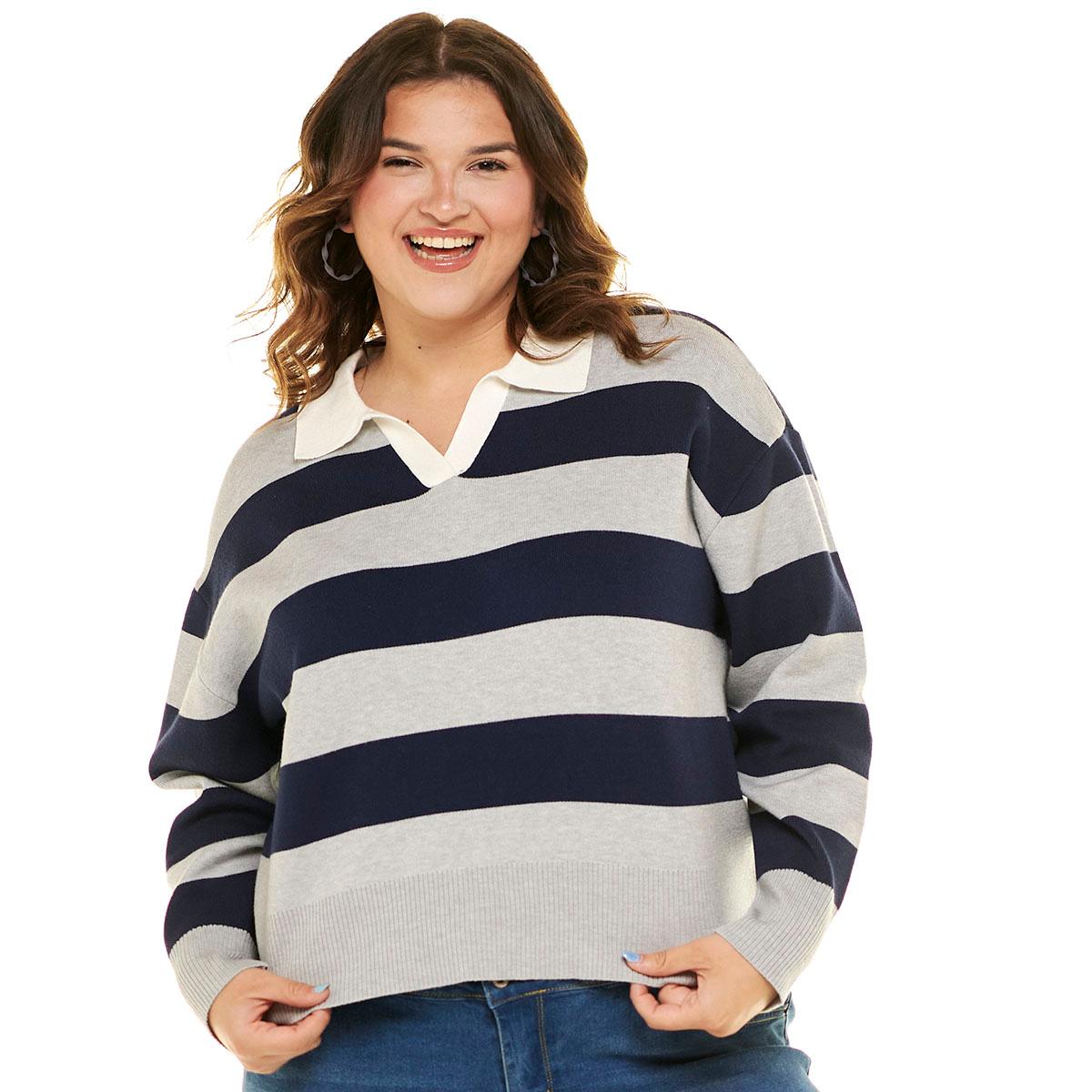 Click here for Juniors Plus No Comment Long Sleeve Polo Stripe Sw... prices