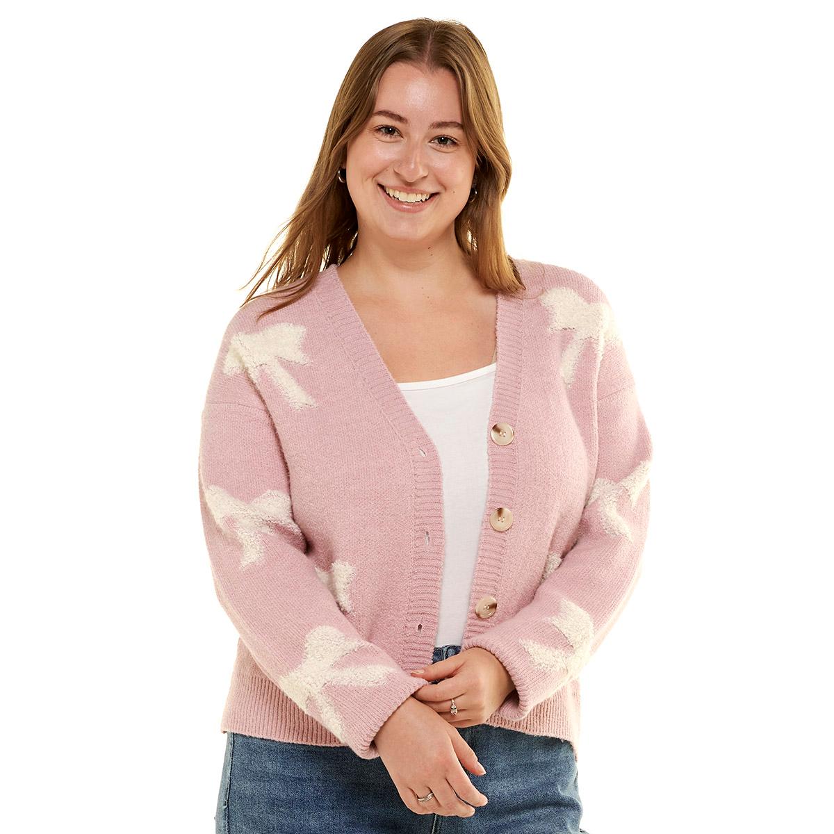 Click here for Juniors Plus No Comment Mossy Boucle Bow Cardigan prices