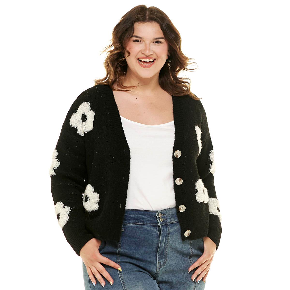 Click here for Juniors Plus No Comment Mossy Boucle Floral Cardig... prices
