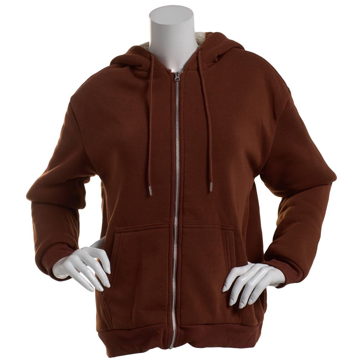 Click here for Juniors No Comment Cow Print Sherpa Lined Zip Up H... prices