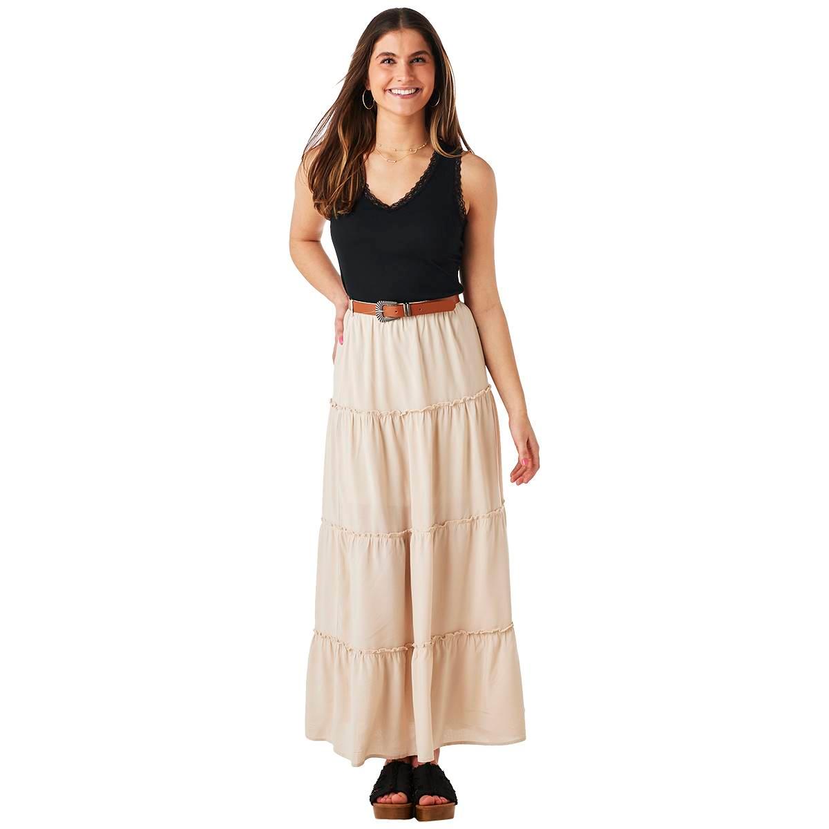 Click here for Juniors No Comment Challis Belted Tier Maxi Skirt prices
