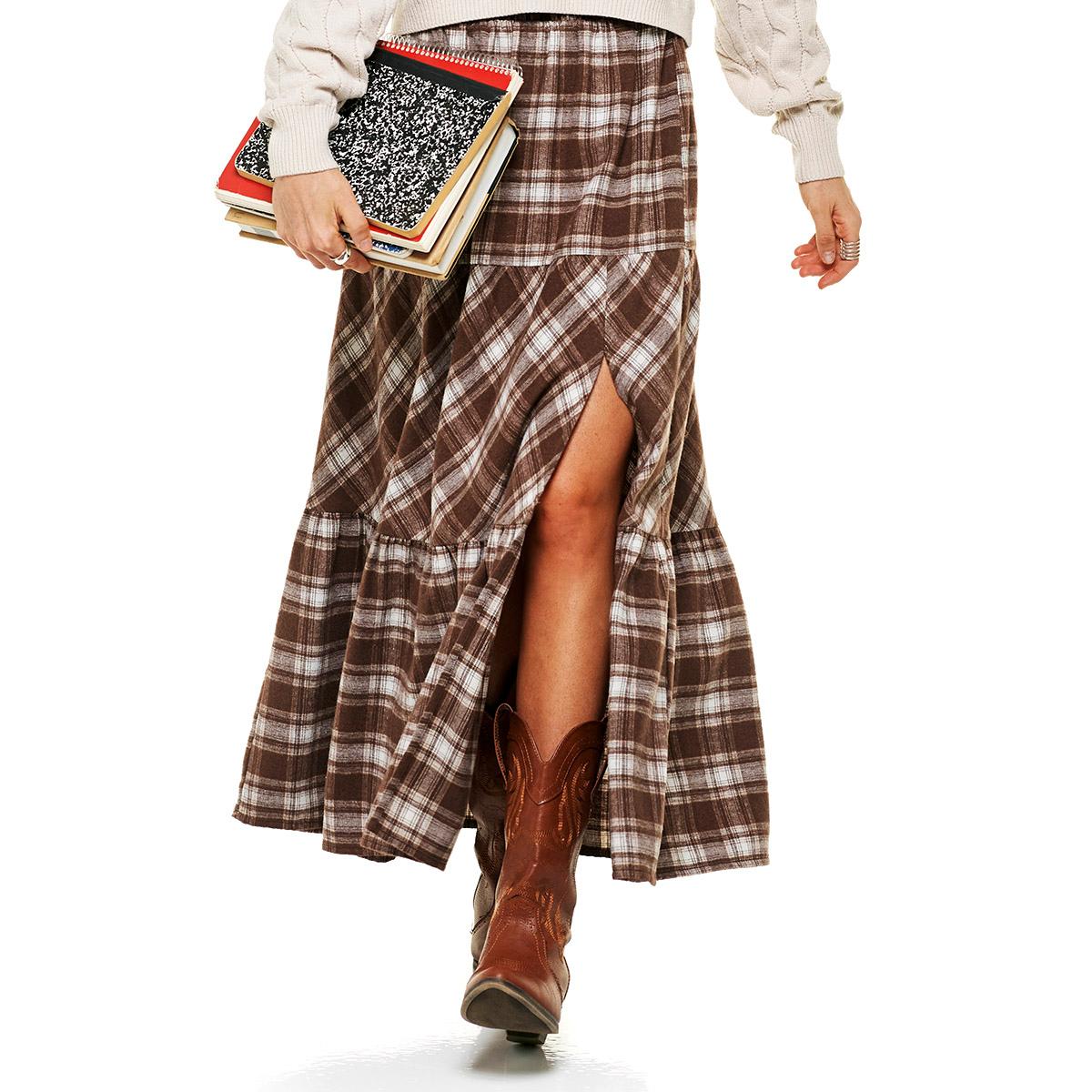 Click here for Juniors No Comment Plaid Tier Maxi Skirt with Slit prices