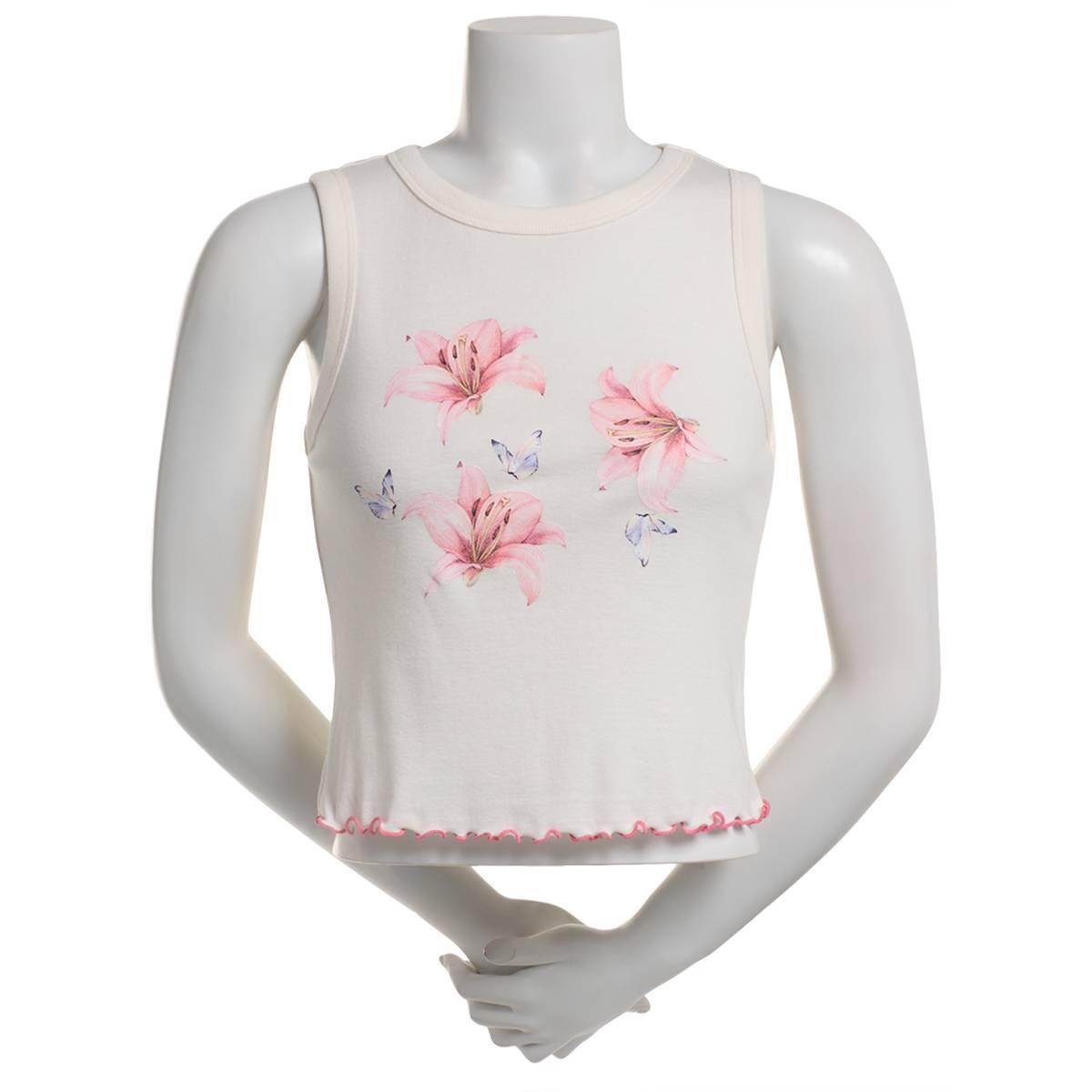 Click here for Juniors No Comment Rib Lettuce Hem Lilies Graphic... prices