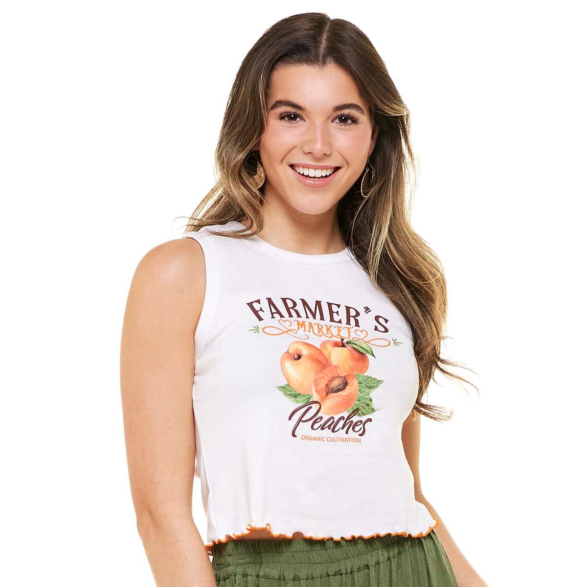 Click here for Juniors No Comment Rib Lettuce Hem Peaches Graphic... prices