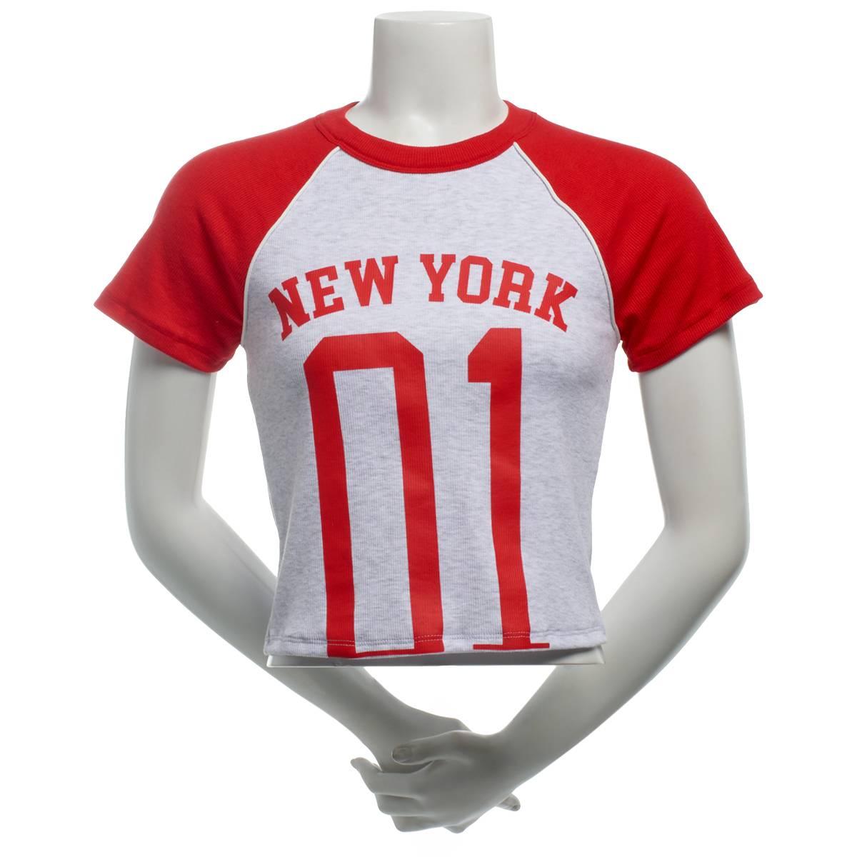 Click here for Juniors No Comment Raglan Color Block New Yok Grap... prices