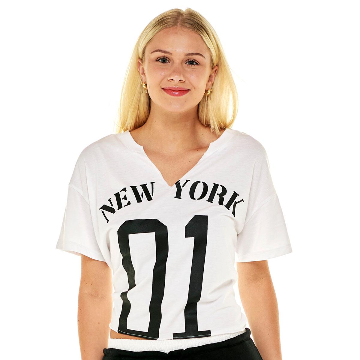 Click here for Juniors No Comment Oversized New York Raw Hem Tee prices
