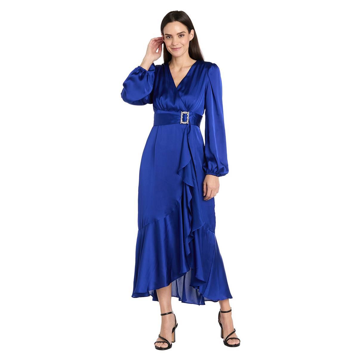 Click here for Womens R&M Richards Long Sleeve Satin Faux Wrap Dr... prices