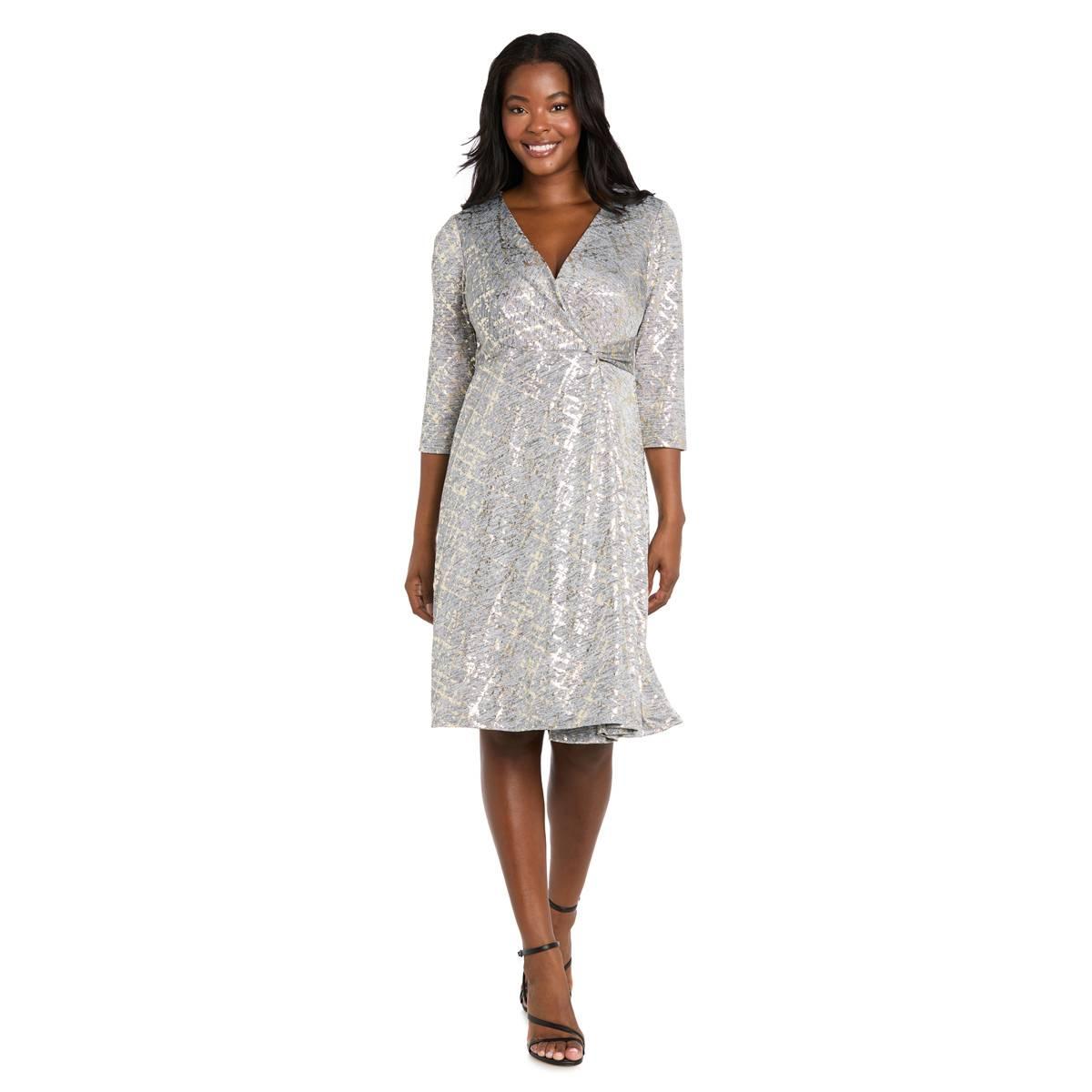 R & M Richards Womens V-Neck Faux Wrap Dress - Silver