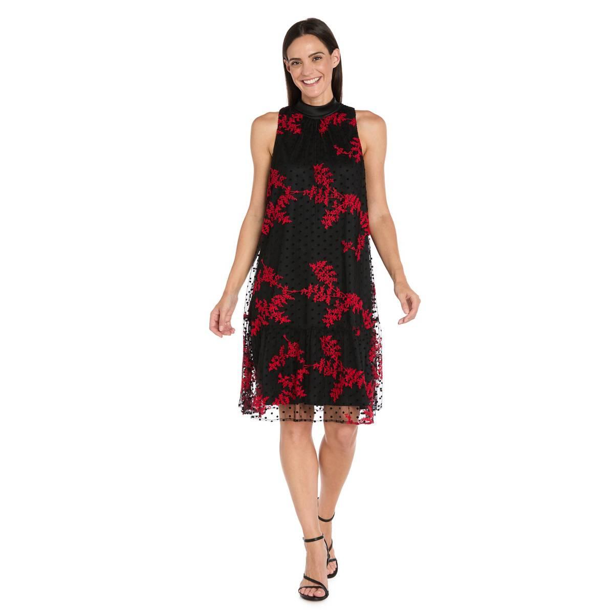 R & M Richards Womens Embroidered Sleeveless Swing Dress - Black/Red
