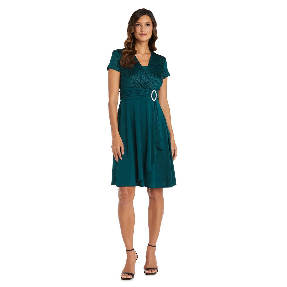 Womens R&M Richards Short Sleeve Rhinestone Trim Wrap Dress