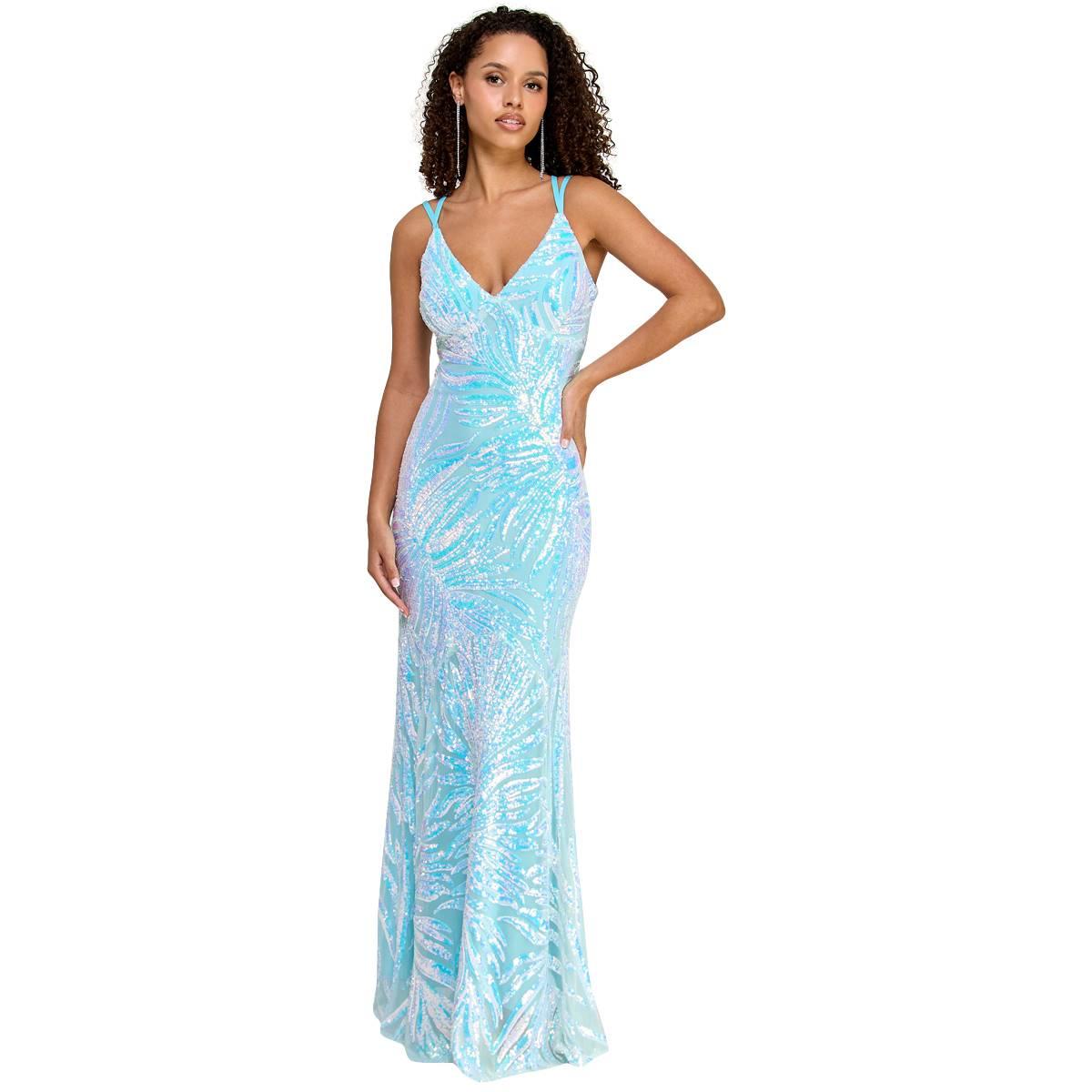 Click here for Juniors Morgan & Co. Spray Sequin Strappy Back She... prices