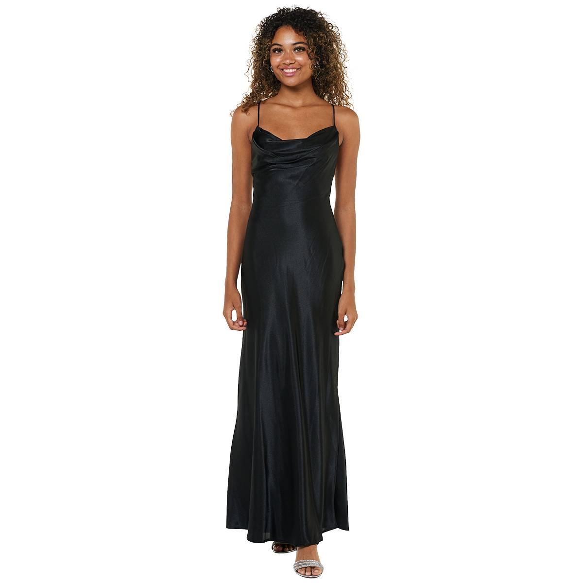 Click here for Juniors Morgan & Co. Satin Drape Neck Tie Back Dre... prices