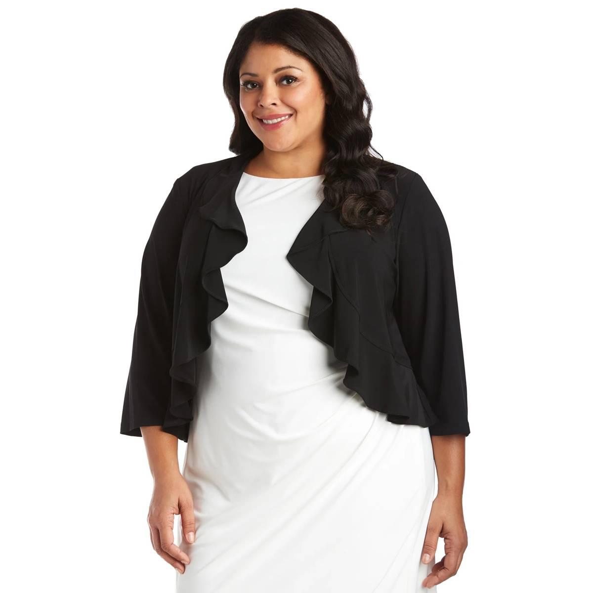 Click here for Plus Size R&M Richards Ity Ruffle Edge Shrug prices