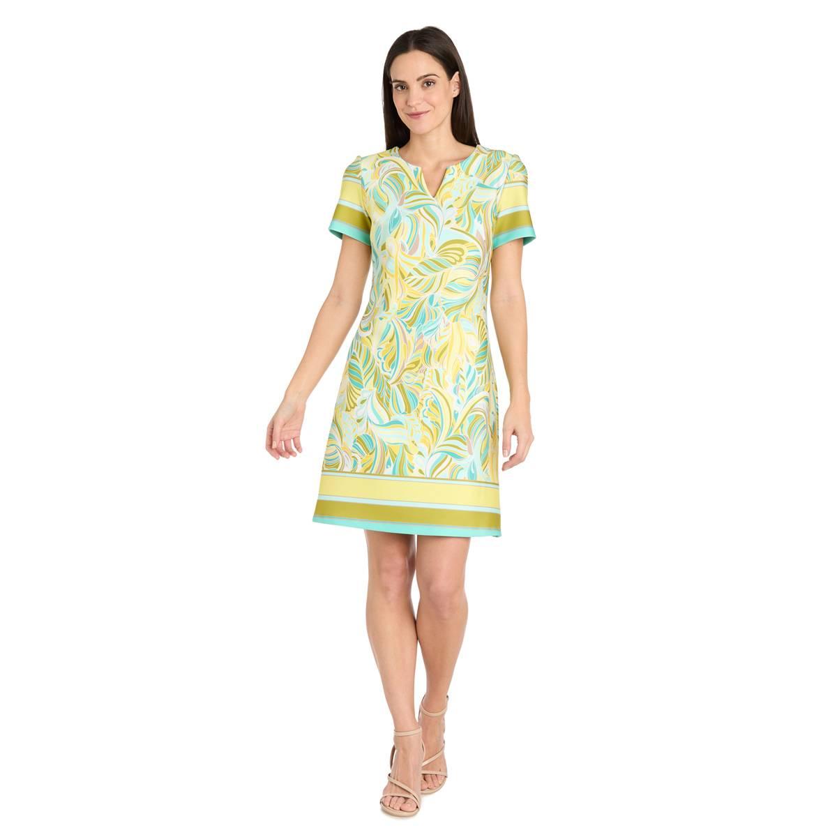 R & M Richards Womens Printed Short-Sleeve Knee-Length Dress - Yellow/Aqua