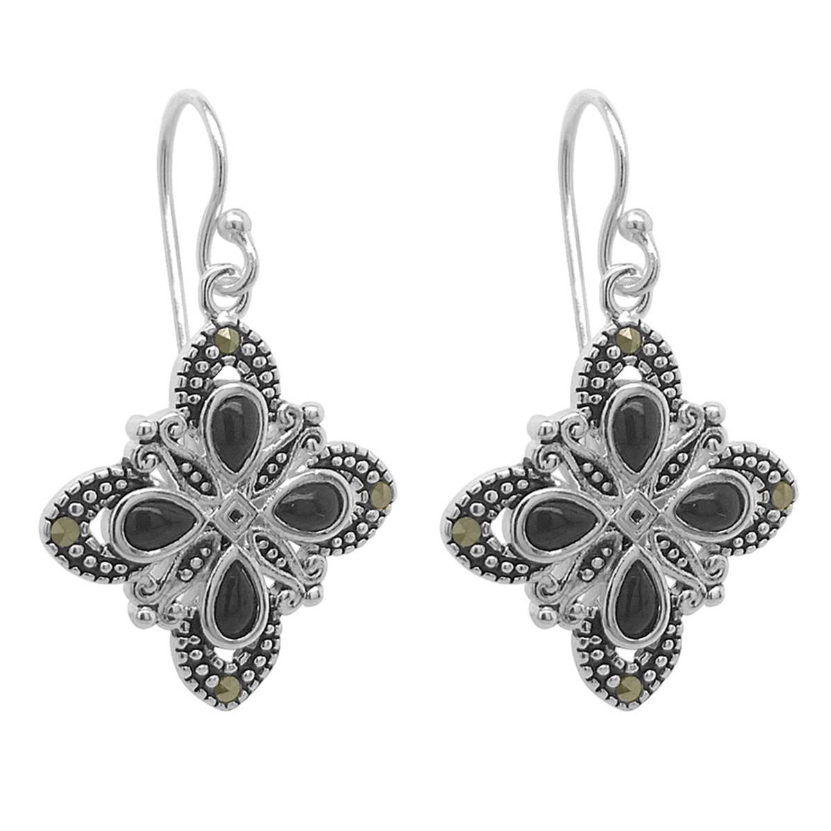 Click here for Marsala Silver Plated Marcasite & Onyx Inlay Drop... prices