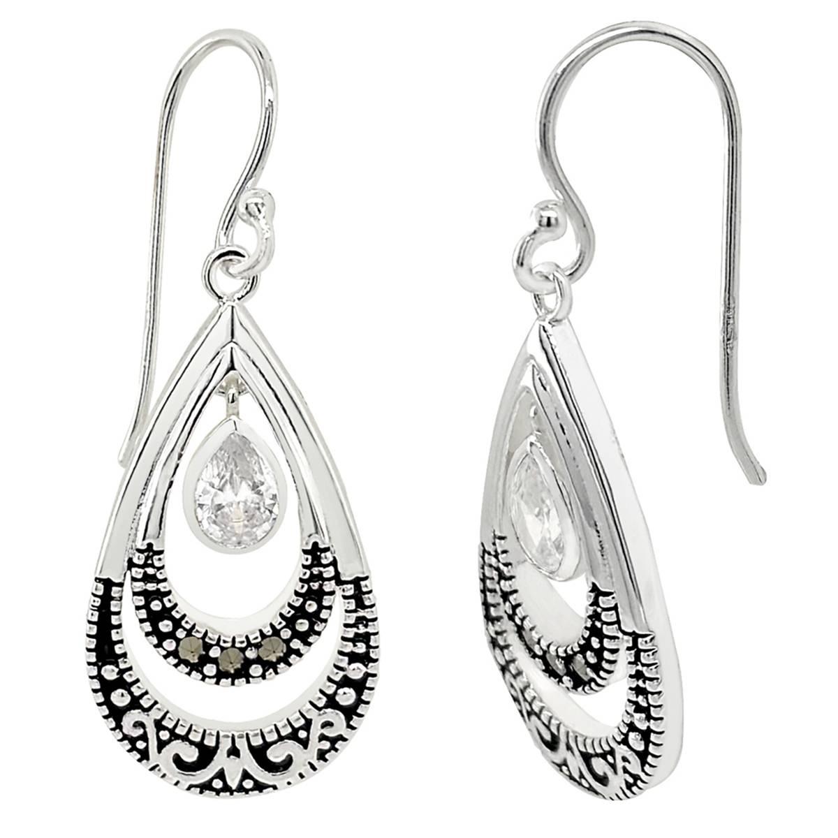 Click here for Marsala Fine Silver Plated Marcasite & CZ Drop Ear... prices