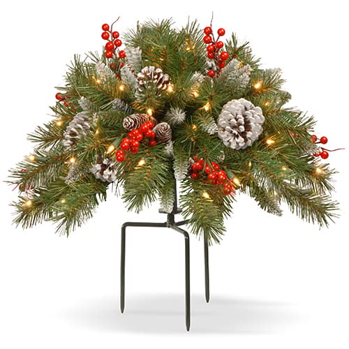 National Tree Company 18 Frosted Berry Urn Filler with Cones  Red Berries  Tripod Stake & 35 Warm White Battery Operated Led Lights w/Timer - Green