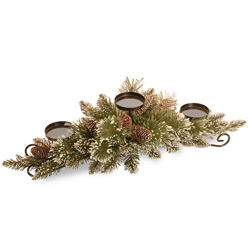 National Tree Company 30 Glittery Bristle Pine Centerpiece w/3 Candle Holders & 6 White Tipped Cones - Green