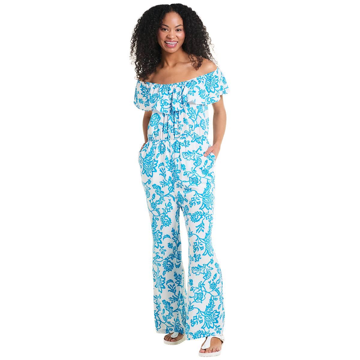 Click here for Womens Absolutely Famous Ruffle Trim Floral Jumpsu... prices