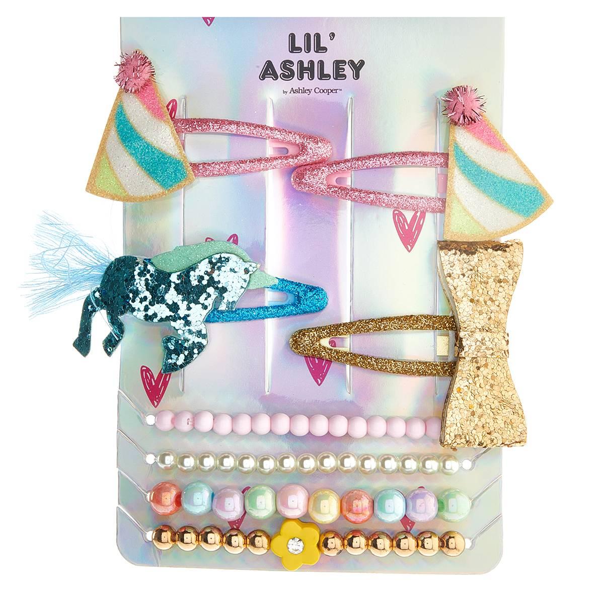 Click here for Kids Lil Ashley 4pc. Flower Bracelet & Unicorn Hai... prices