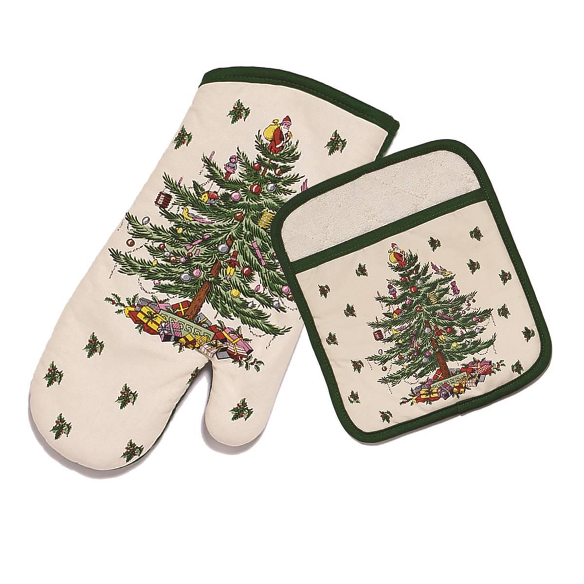 Spode Christams Tree Ivory/Green Pot Holder Ovenmit Set - Ivory