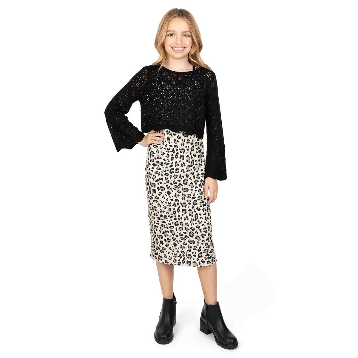 Girls (7-16) Speechless(R) Crochet Top with Rib Leopard Midi Dress