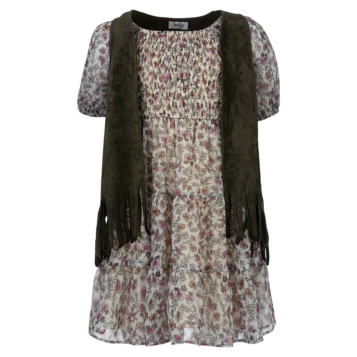 Girls (7-16) Speechless(R) Puff Sleeve Floral Dress w/ Fringe Vest