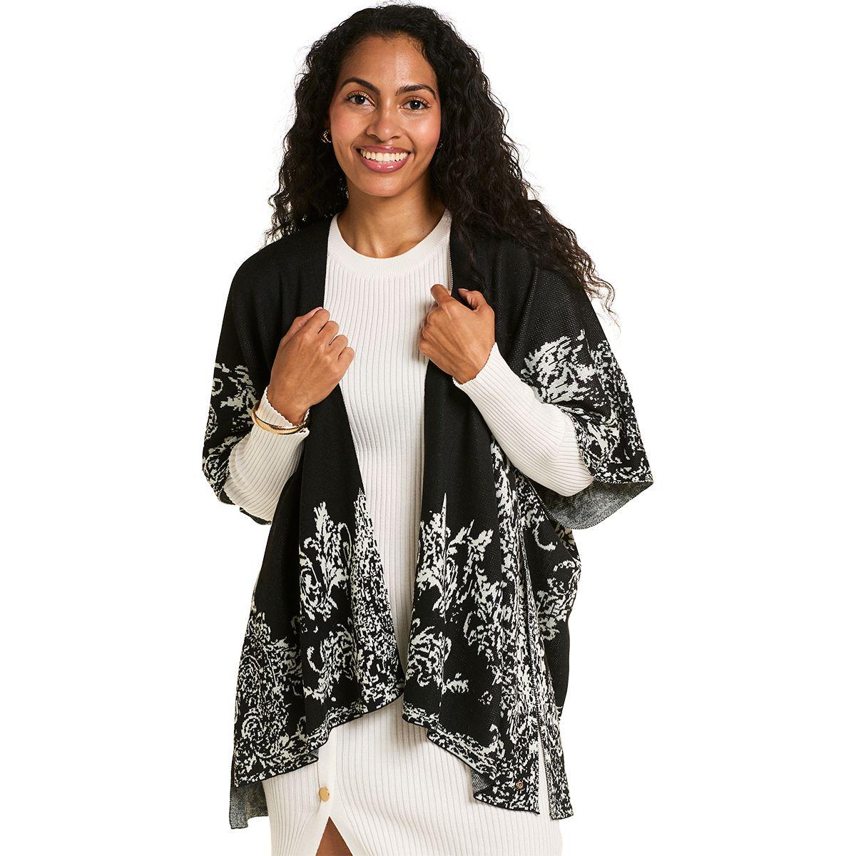Click here for Womens Anne Klein Paisley Border Knit Ruana prices