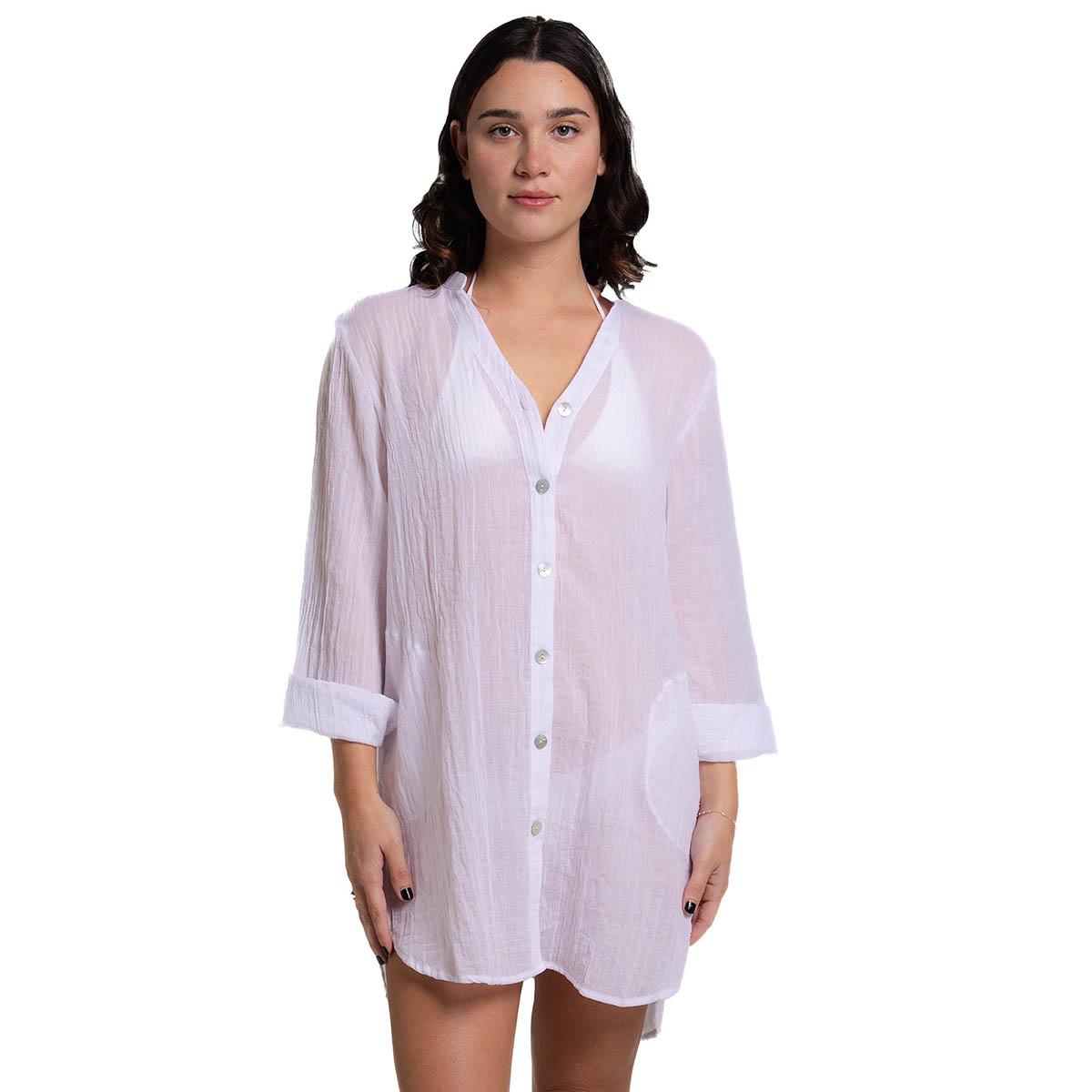 J Valdi Womens Button-Down Swim Shirt - White