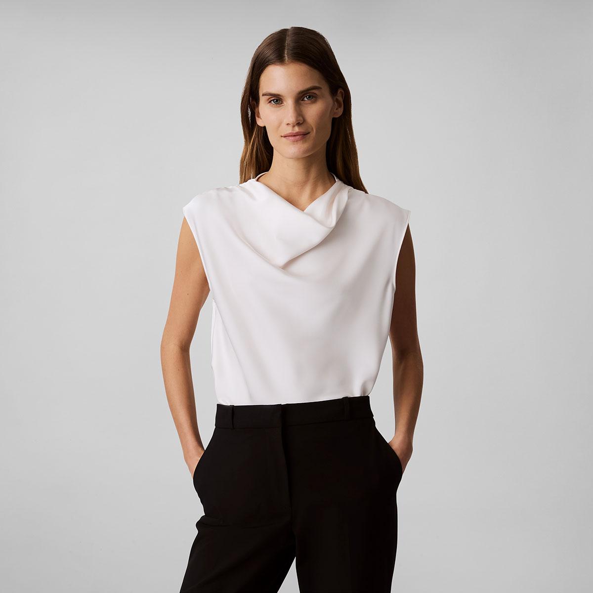 Click here for Womens Calvin Klein Sleeveless Drape Neck Solid Bl... prices
