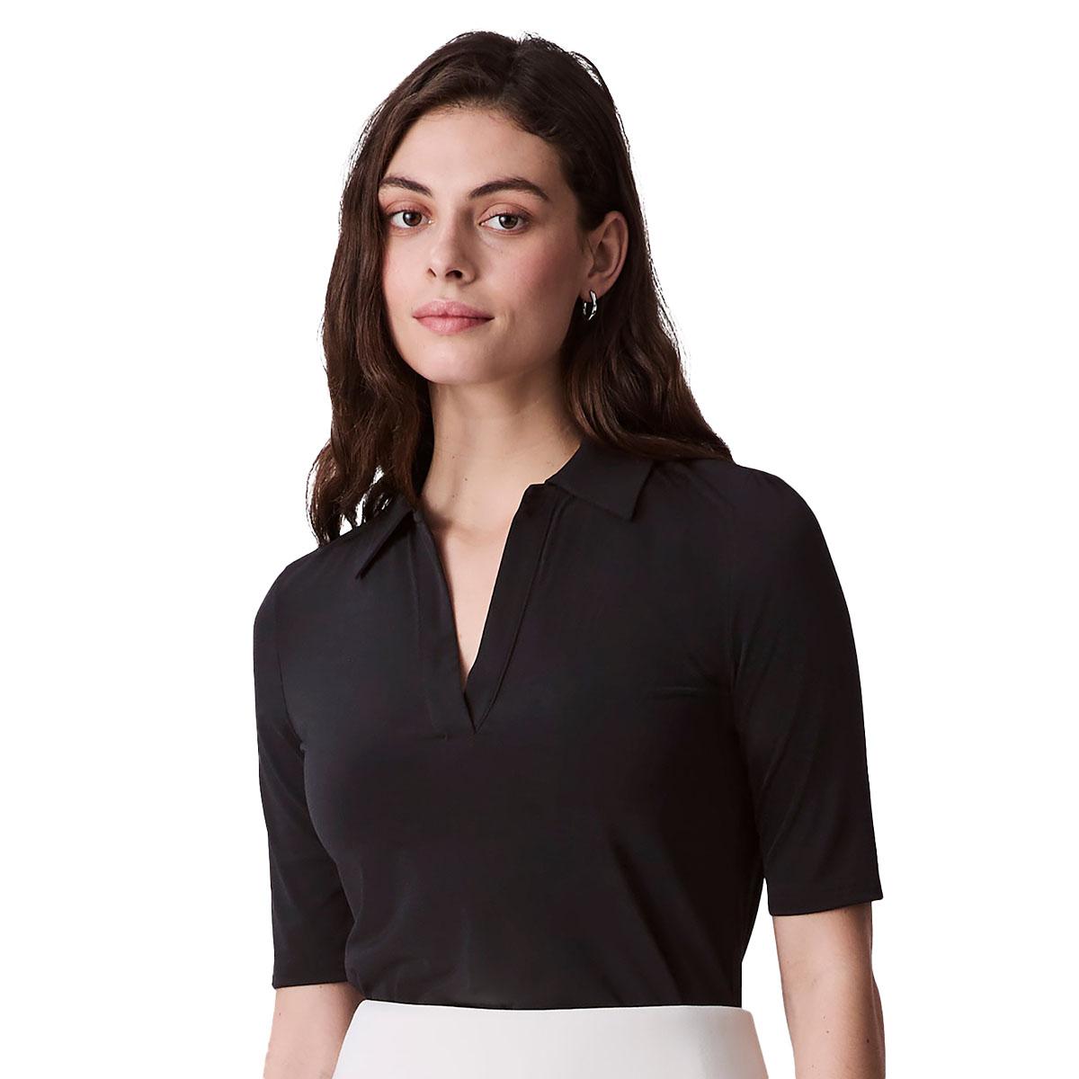 Womens Calvin Klein Elbow Sleeve Solid Spread Collar Blouse