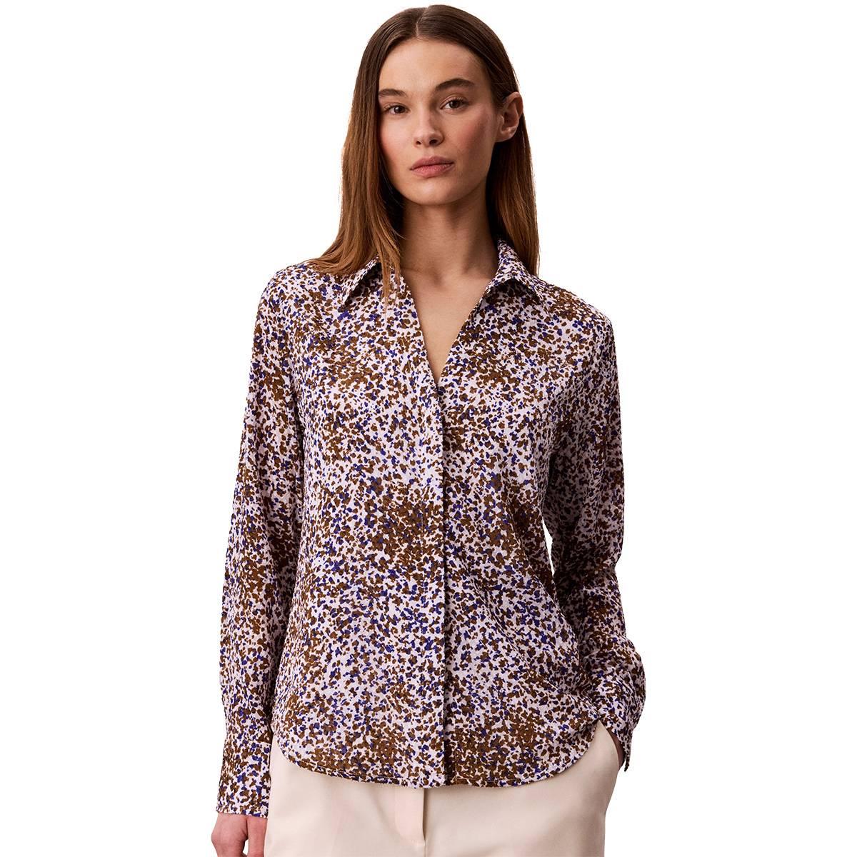 Calvin Klein Womens Textured Print Slim Button-Down Shirt - Sepia Flecked Animal Print