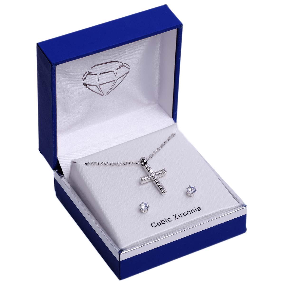 Click here for Silver-Tone CZ Pave Cross Pendant & Earring Set prices