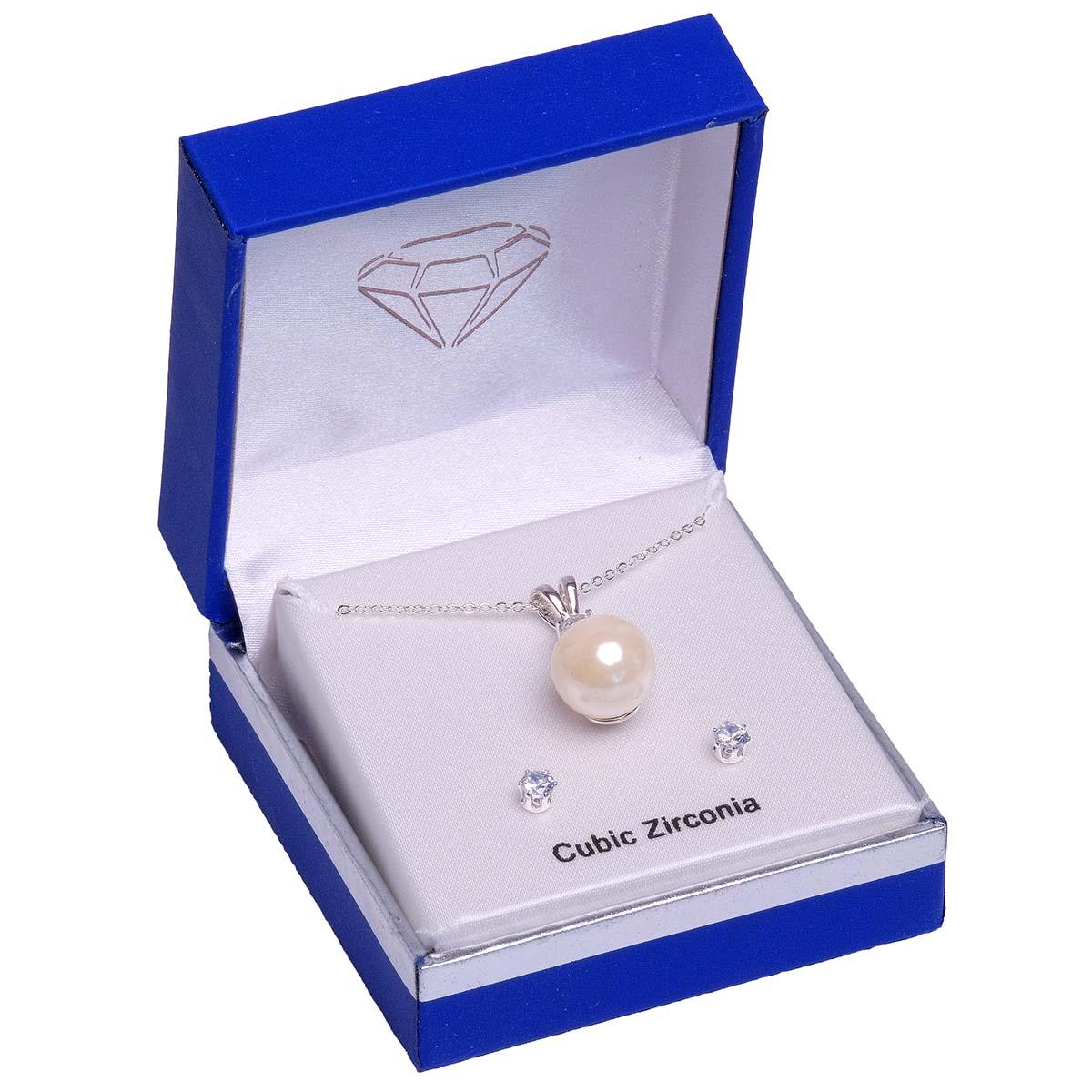 Click here for Silver-Tone CZ White Pearl Pendant & Earring Set prices