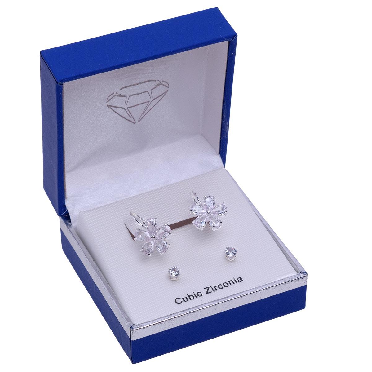 Click here for Silver-Tone CZ Flower Drop Earrings & CZ 4mm Round... prices