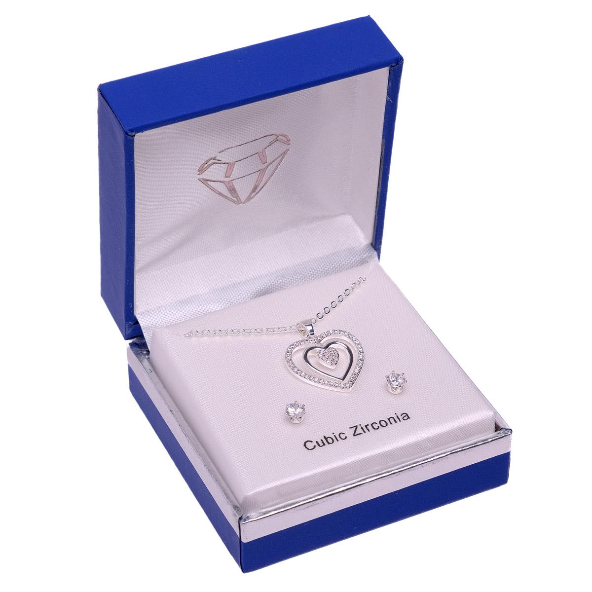 Click here for Silver-Tone CZ Double Heart Pendant & Earrings Set prices
