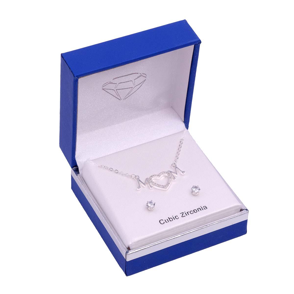 Click here for Silver-Tone CZ Heart Mom Necklace & Round Earrings... prices