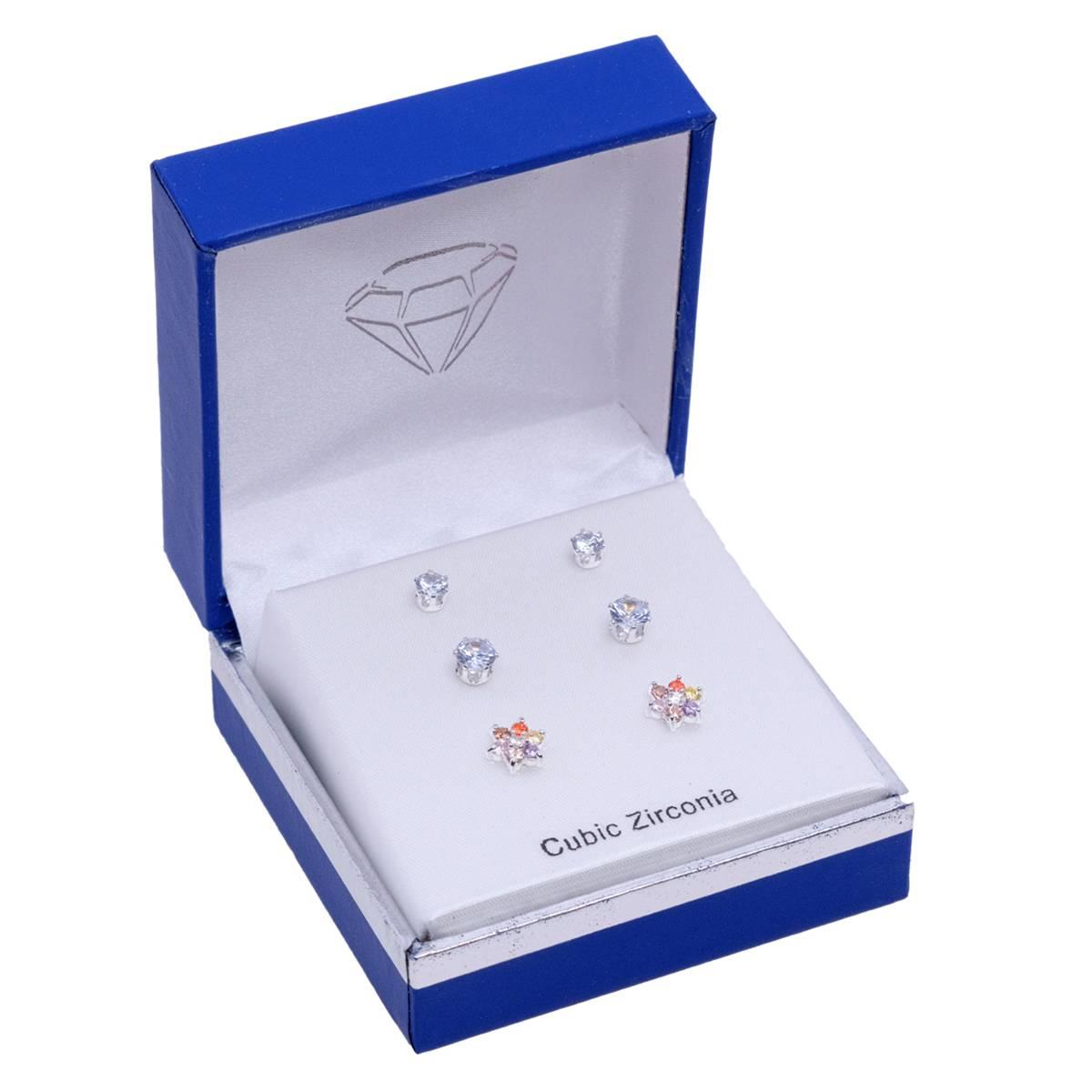 Click here for 3pr. Silver-Tone CZ Stud Earrings & CZ Flower Earr... prices