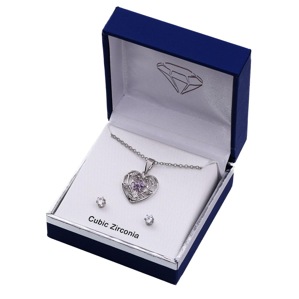 Click here for Silver-Tone Amethyst CZ Filigree Heart Pendant & E... prices