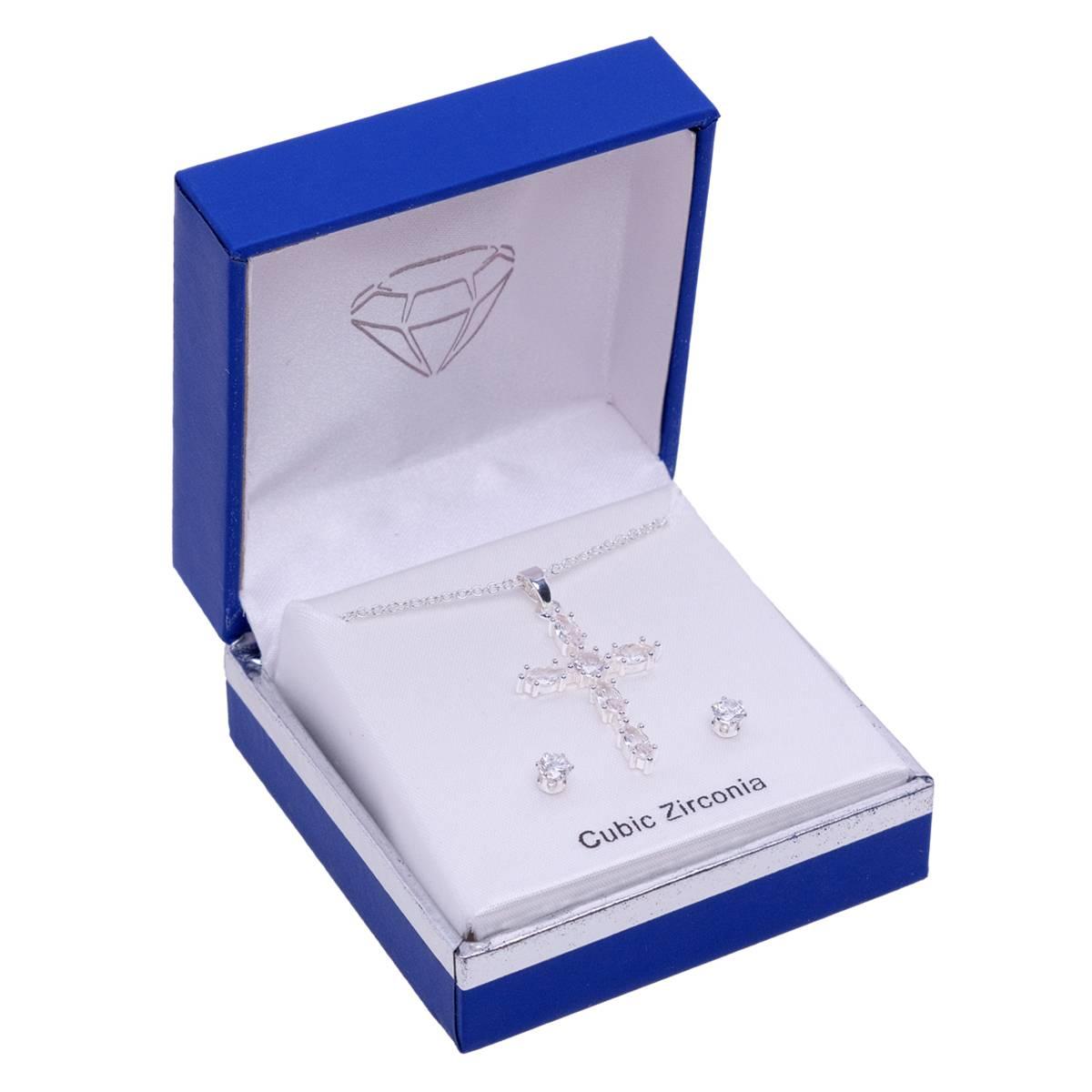 Click here for Silver-Tone CZ Cross Pendant & CZ Round Earrings S... prices